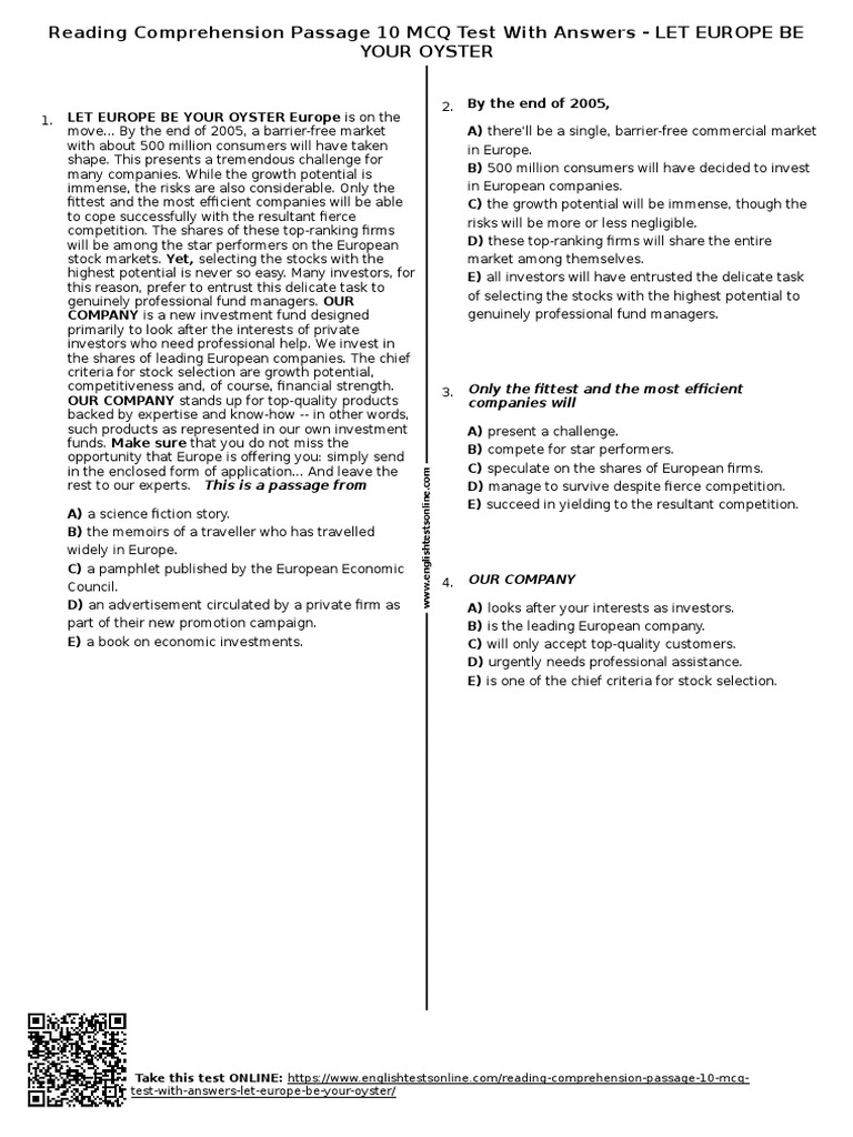 580 - Reading Comprehension Passage 10 MCQ Test With Answers Let Europe ...