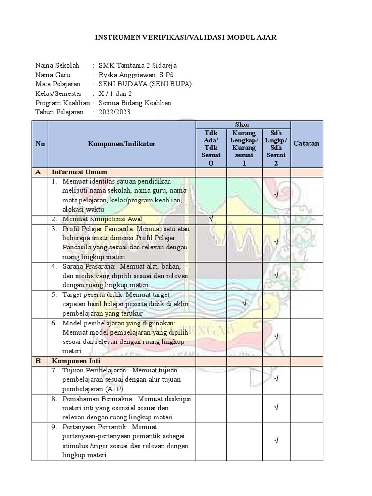 Instrumen Verifikasi Modul Ajar SENI | PDF