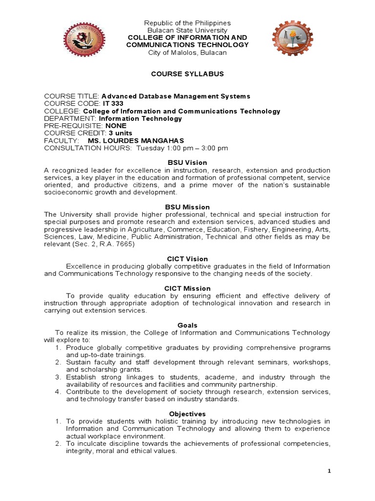 BSU CICT Advanced Database Course Syllabus | PDF | Sql | Relational ... BSU CICT Advanced Database Course Syllabus | PDF | Sql | Relational ...