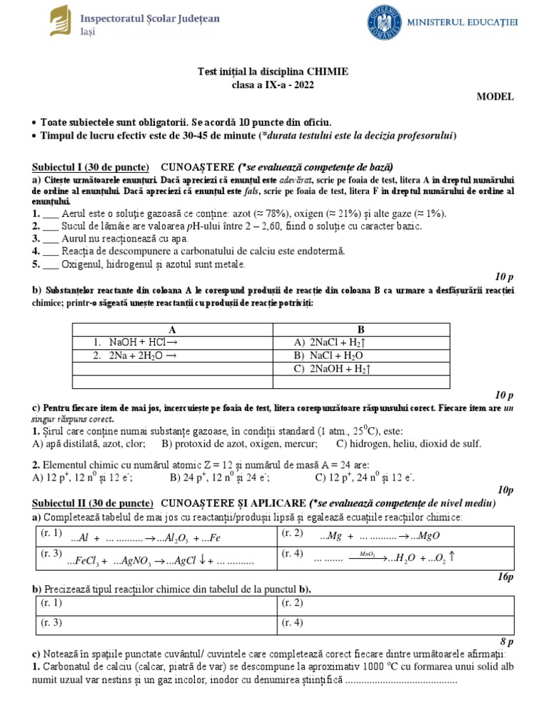 9 SUBIECT Model CHIMIE 2022 | PDF
