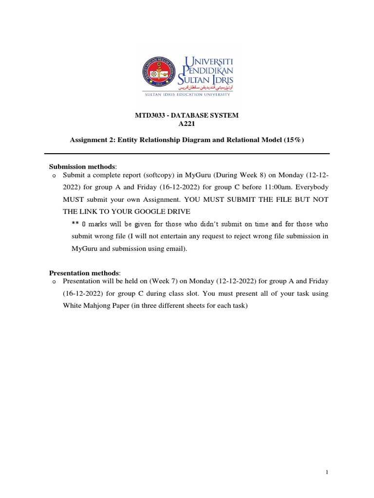 A221 - MTD3033 Assignment 2 ERD RM Question | PDF | Relational Database | Databases