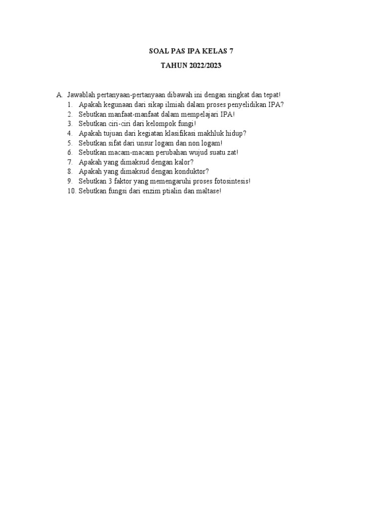 Soal Essay Pas Ipa Kelas 7 2022 | PDF