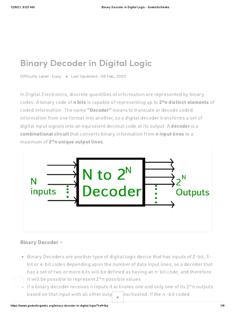 Binary Decoder | PDF | Bit | Logic Gate