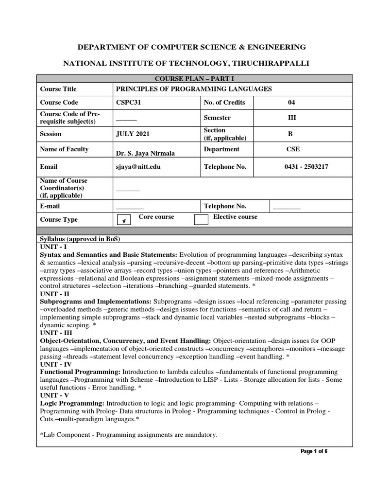 CSPC31-Principles of Programming Language | PDF | Programming Language ...