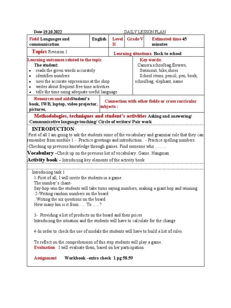 Topics: Field Level II Grade V Estimated Time Learning Situations ...