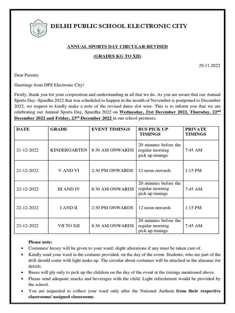 Delhi Public School Electronic City: Annual Sports Day Circular-Revised (Grades KG To Xii) | PDF
