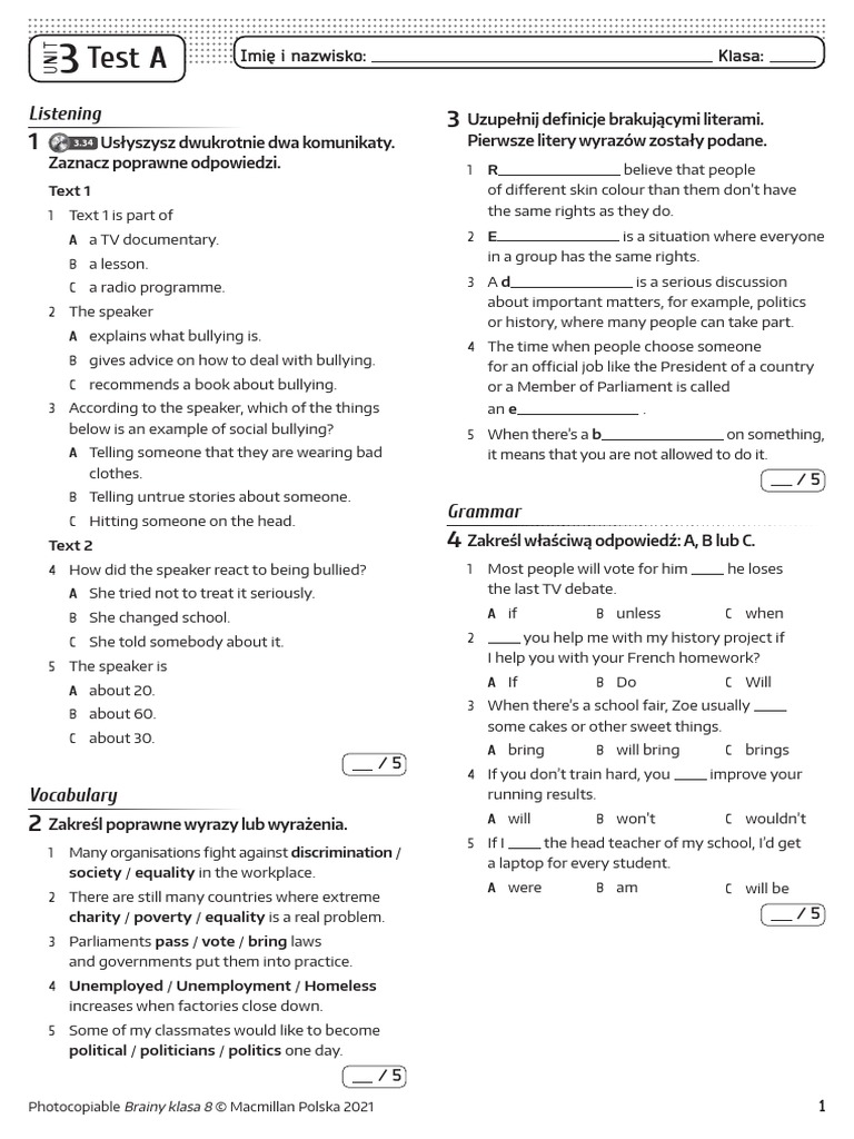 Brainy Kl8 Unit Test 3 A | PDF