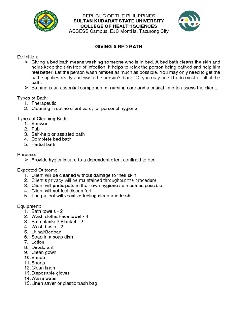 Bed Bath Procedure and Care Guidelines | PDF