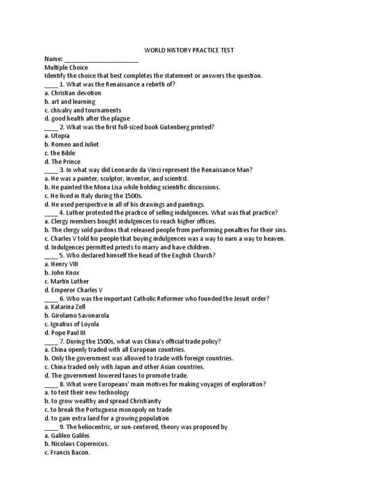 World History Practice Test | PDF | Age Of Enlightenment | Communism