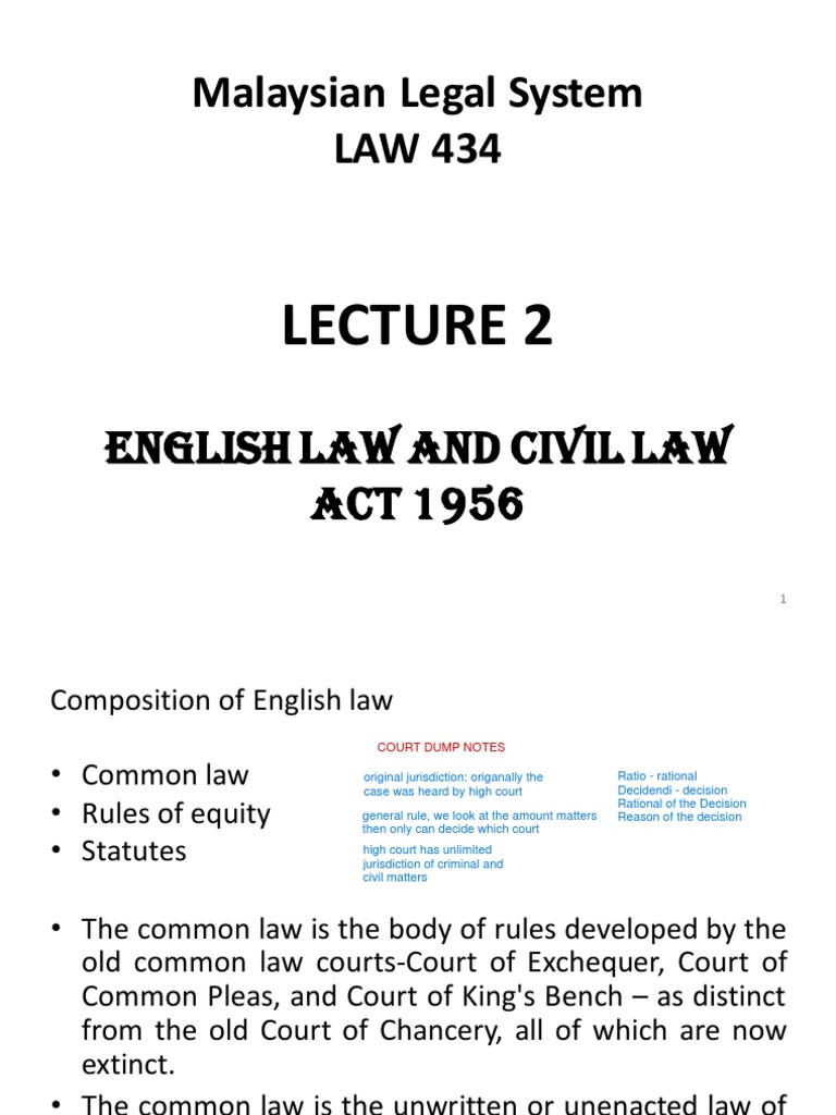 Law434 Lecture 2 English Law and Civil Law Act 1956 | PDF | Common Law ...