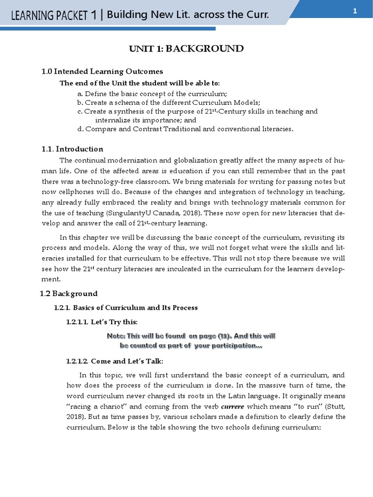 Learning Packet 1 Unit 1 Prof - Ed.7 | PDF | Curriculum | Learning