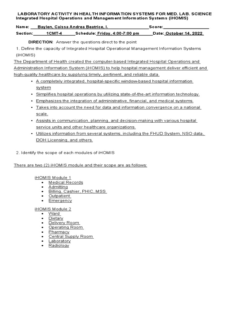 Laboratory Activity 7 - HIS Lab - iHOMIS | Download Free PDF | Hospital | Health Care