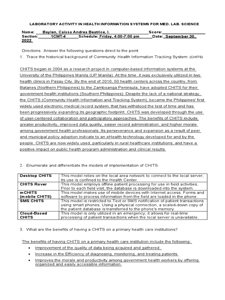 Laboratory Activity 4 - HIS Lab - Community Health Information Tracking ...