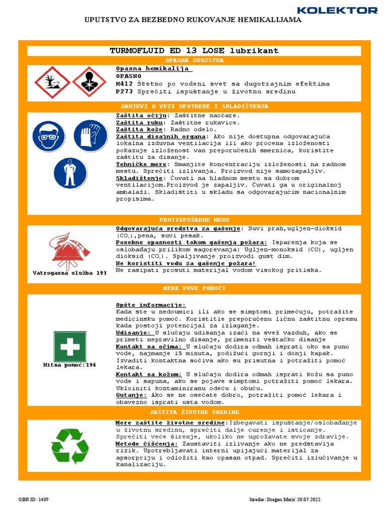 Uputstvo Za Siguran Rad Sa Hemikalijama TURMOFLUID ED 13 LOSE Lubrikant | PDF