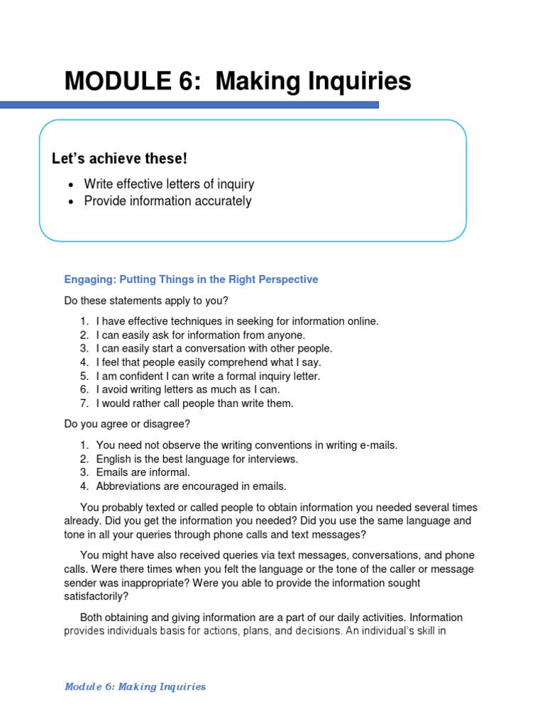 MODULE 6. Making Inquiries | PDF | Communication | Information