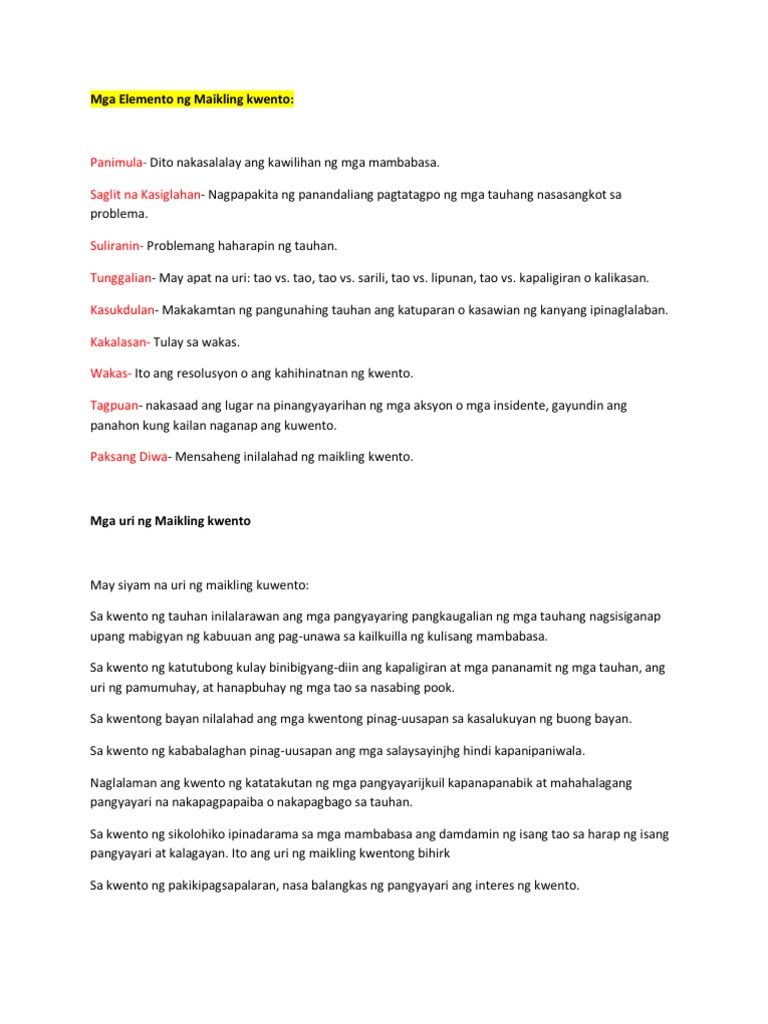 Mga Elemento NG Maikling Kwento | PDF