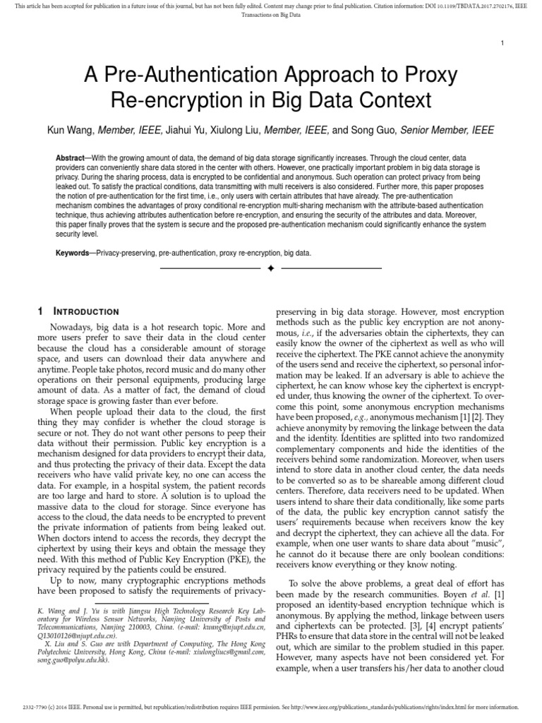 A Pre Authentication Approach To Proxy Re Encryption In Big Data Context Pdf Encryption