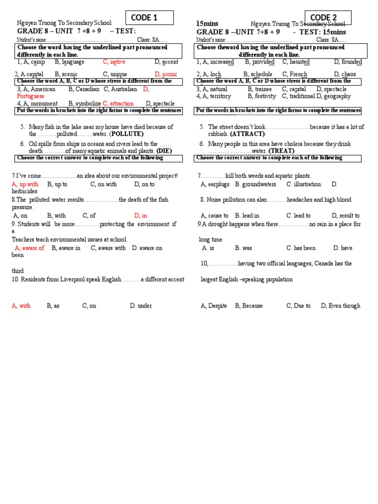 G8 U7 8 9 Test 15mins Pdf English Language Stress Linguistics