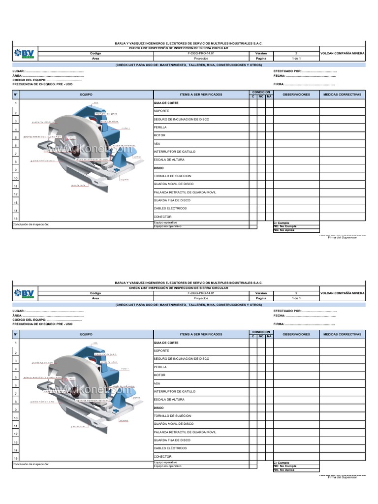 F-Dgg-Pro-14.01 Check List de Inspeccion de Sierra Circular | PDF ...