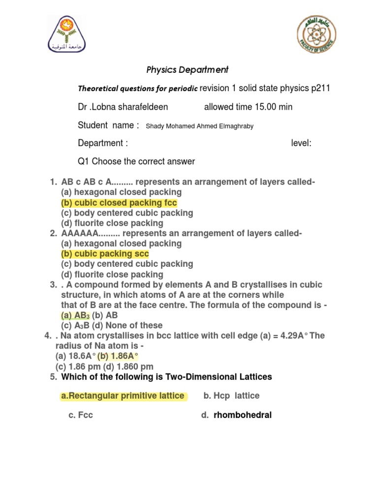 Theoretical Questions Revision 1 Solid State Physics 1 Sheet1 | PDF | Crystal Structure | Crystal