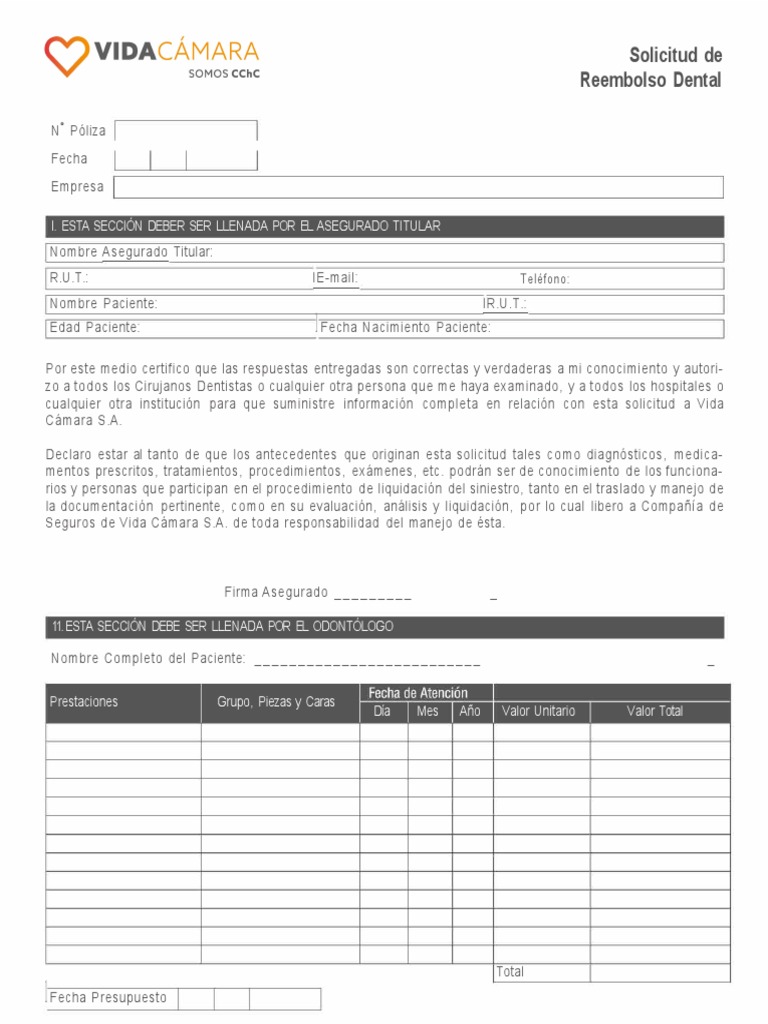 Solicitud de Reembolso Dental Vida Cámara | PDF | Odontología ...