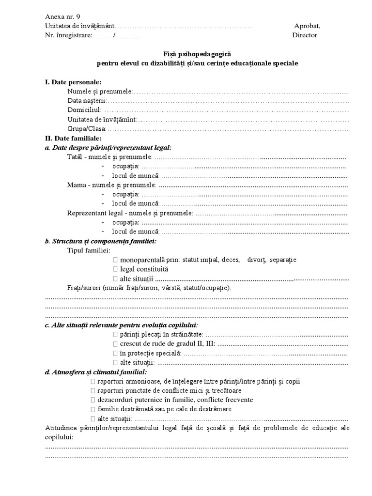 Fisa Psihopedagogica Anexa 9 | PDF
