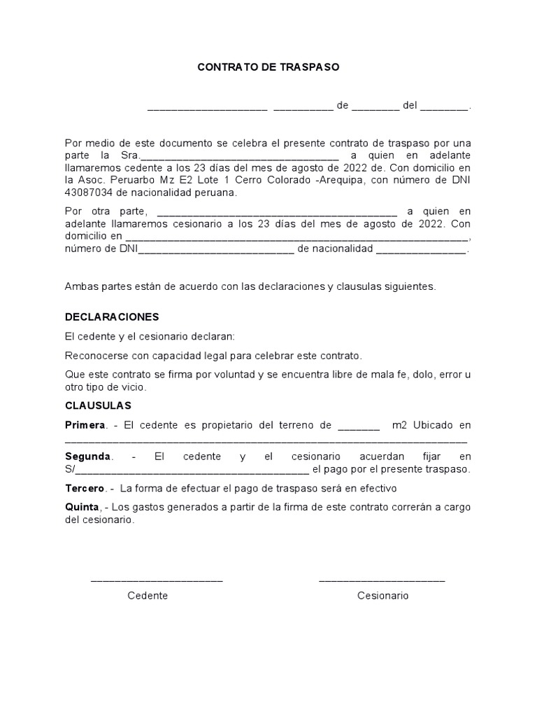 Formato de Contrato de Traspaso | PDF