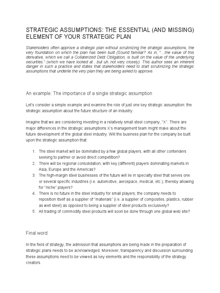 Strategic Assumptions | PDF | Strategic Planning | Business