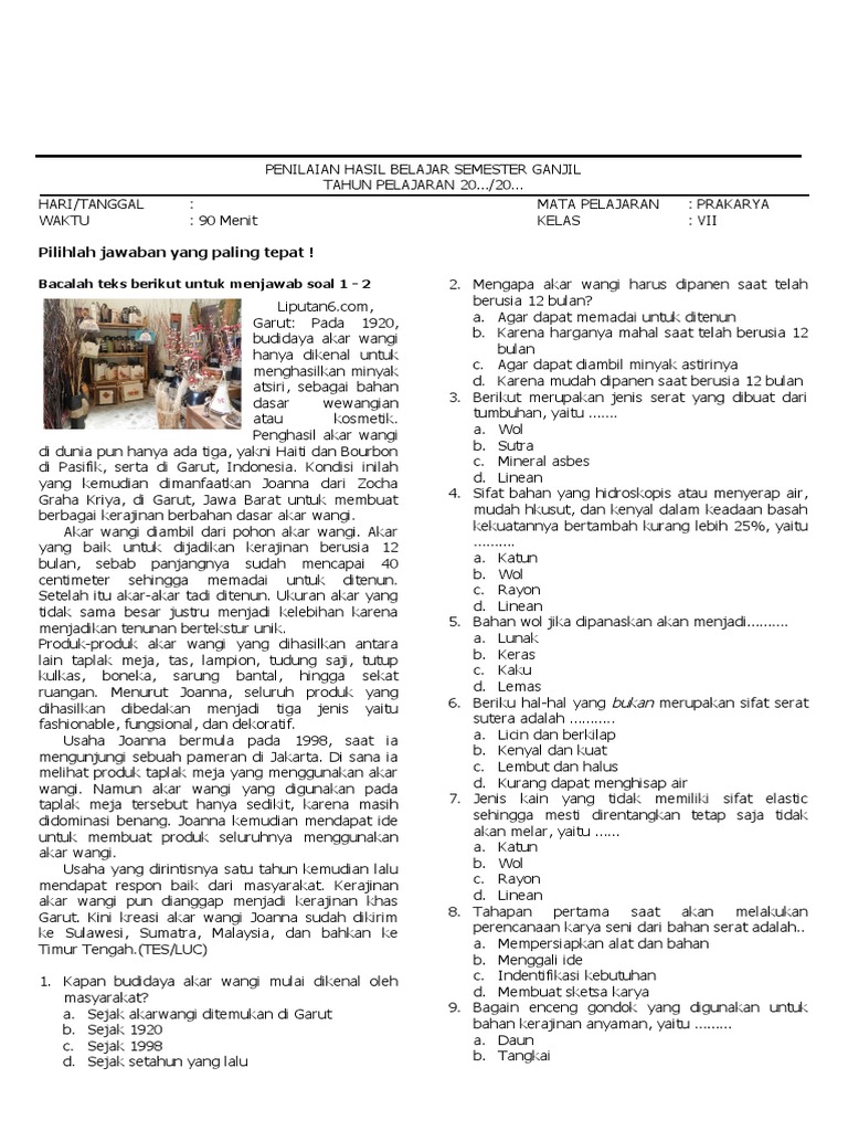 Soal Pas Prakarya KLS 7 2022 | PDF