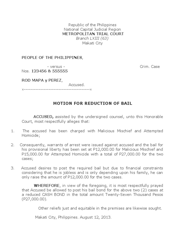 Motion To Reduce Bail | PDF | Bail | Justice