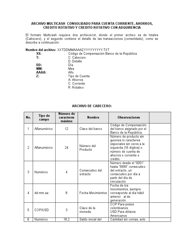 Formato de Archivo Multicash Detallado | PDF | Tarjeta de débito | Bancos