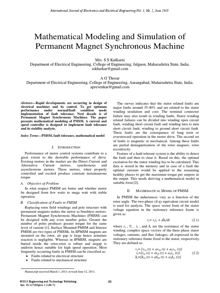 Mathematical Modeling and Simulation of Permanent Magnet Synchronous Machine | PDF | Electric ...