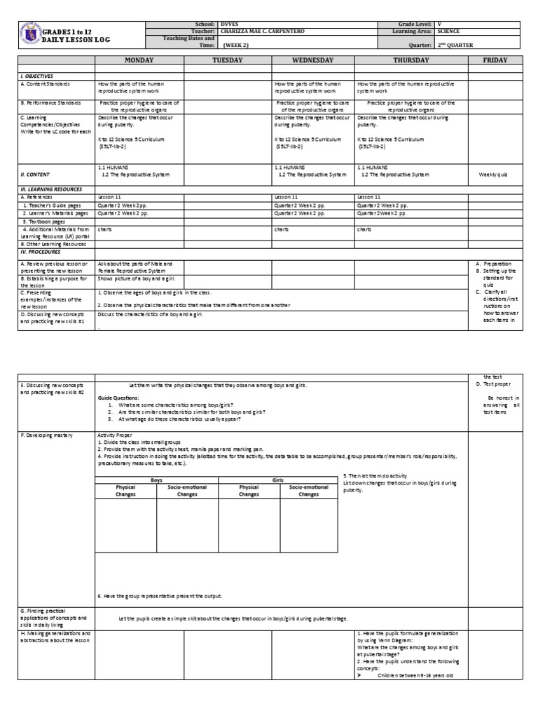 DLL - Science 5 - Q2 - W2 | PDF | Puberty | Learning