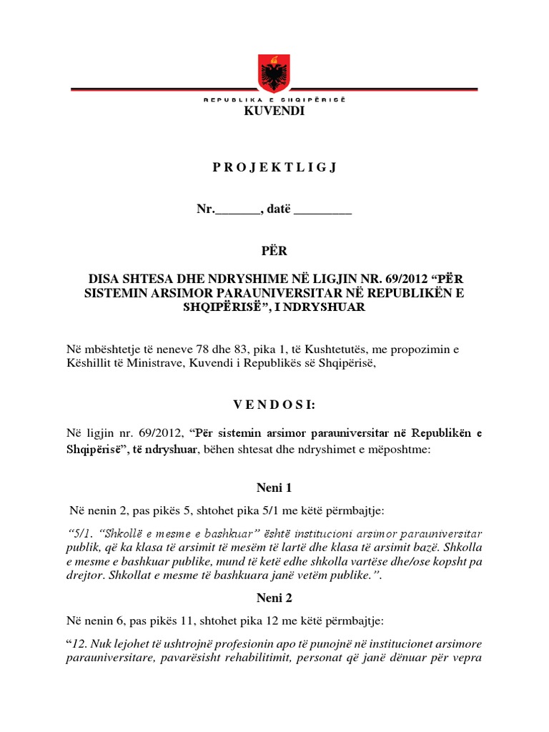 Projektligji Per Disa Shtesa Dhe Ndryshime Ne Ligjin Nr. 69 I Ndryshuar ...