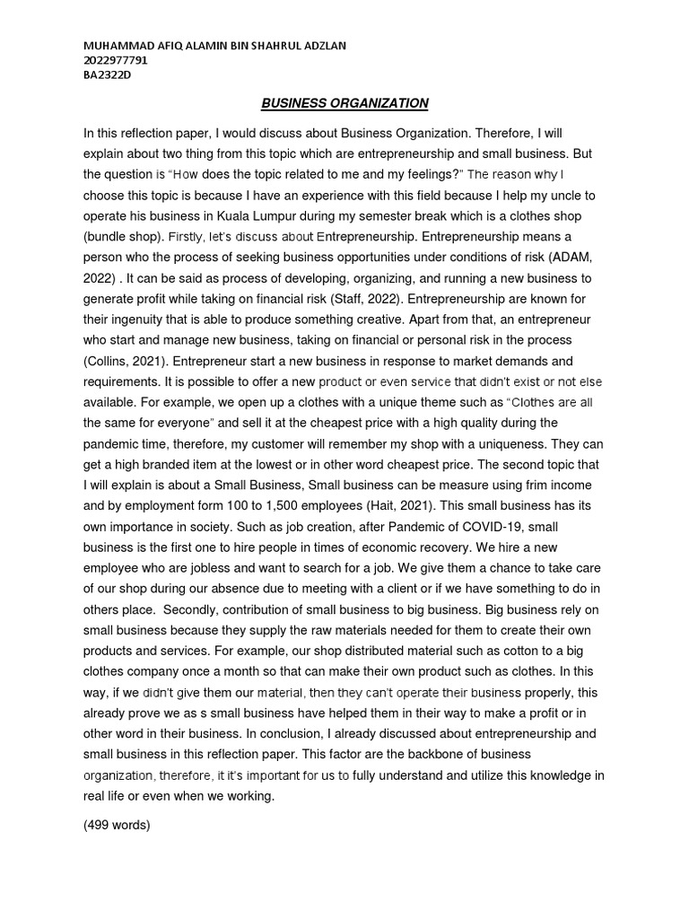 Asm 401 Reflection | PDF | Entrepreneurship | Employment