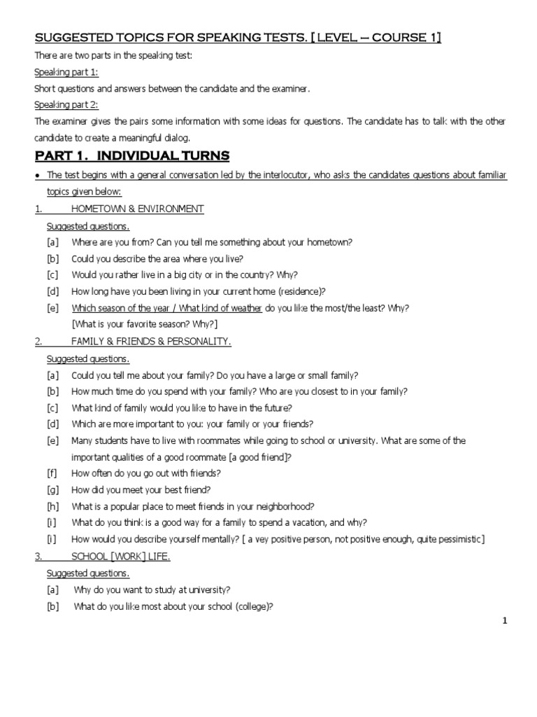Speaking Test (Level Course 1) | PDF | Waiting Staff | Internet