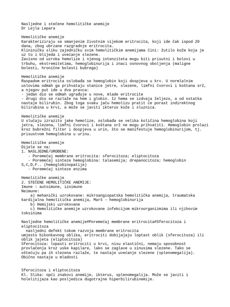 Urođene I Stečene Hemolitičke Anemije | PDF