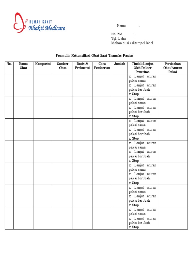 FORM REKONsiliasi Obat Saat Transfer Pasien | PDF