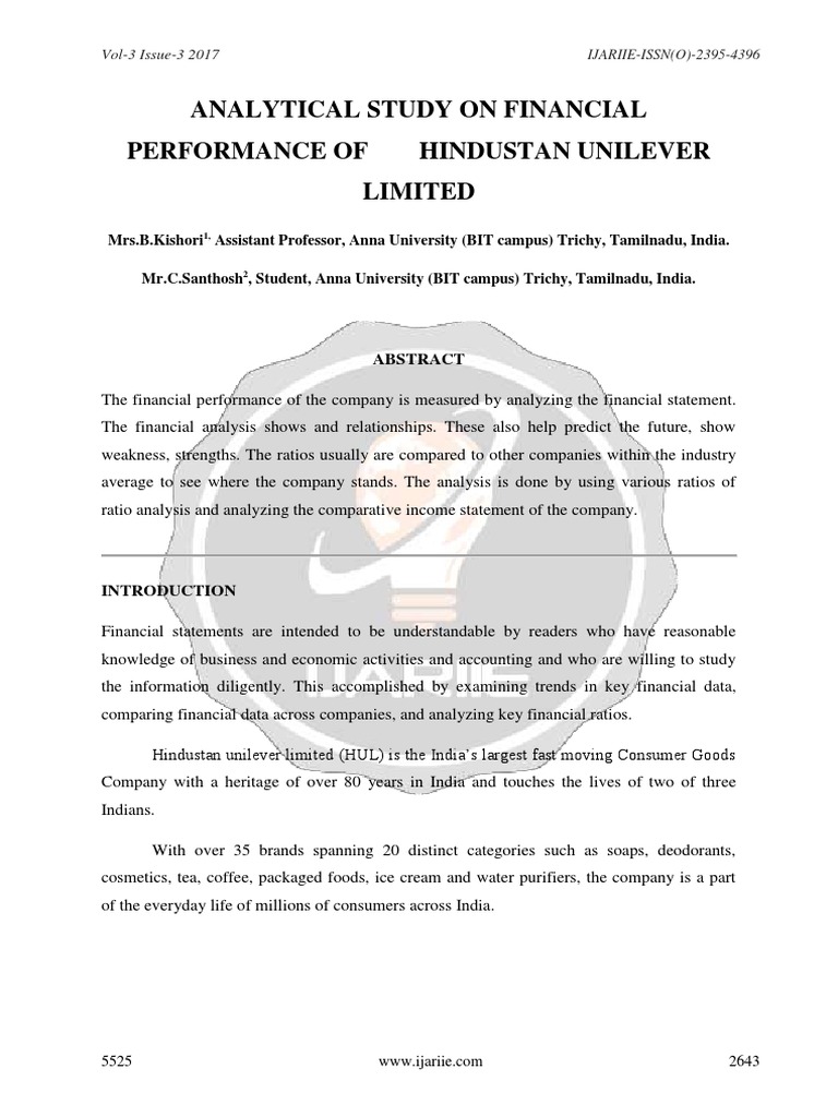 ANALYTICAL STUDY ON FINANCIAL PERFORMANCE OF HINDUSTAN UNILEVER LIMITED ...
