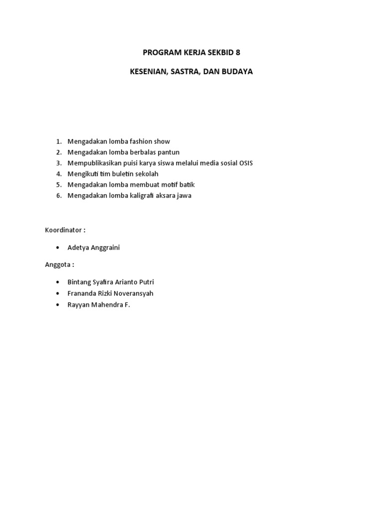 Program Kerja Sekbid Kesenian | PDF