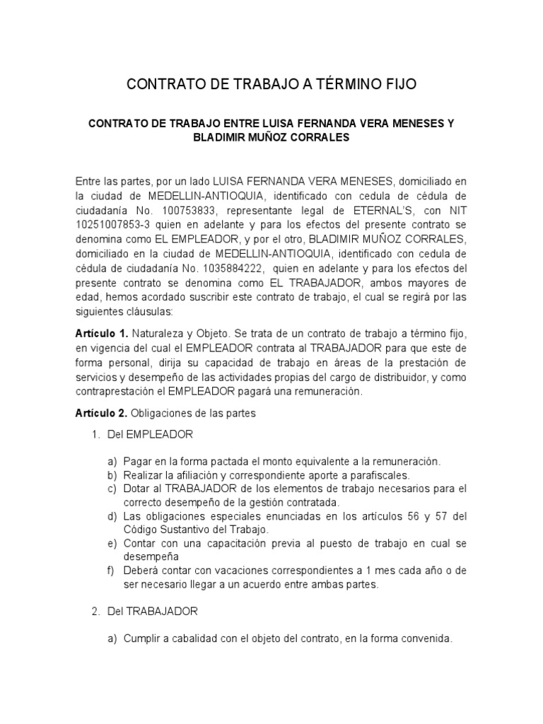 Contrato de trabajo a término fijo 1 | PDF | Salario