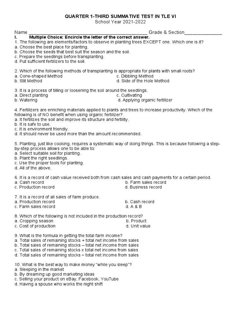 3rd Summative Tle 6 | PDF | Manure | Sales