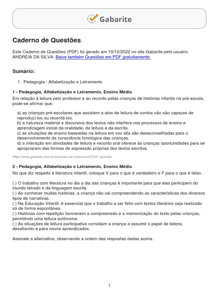 Caderno de Questoes Gabarite 2307002 | PDF | Alfabetização | Pré-escola