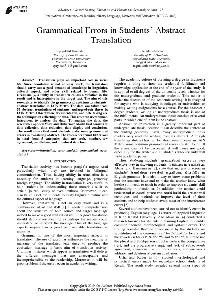 Grammatical Errors in Students' Abstract Translation | PDF | Morphology (Linguistics ...