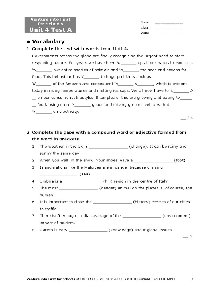 Venture First Schools Unit Test 4a | PDF | Environmental Impact | Climate
