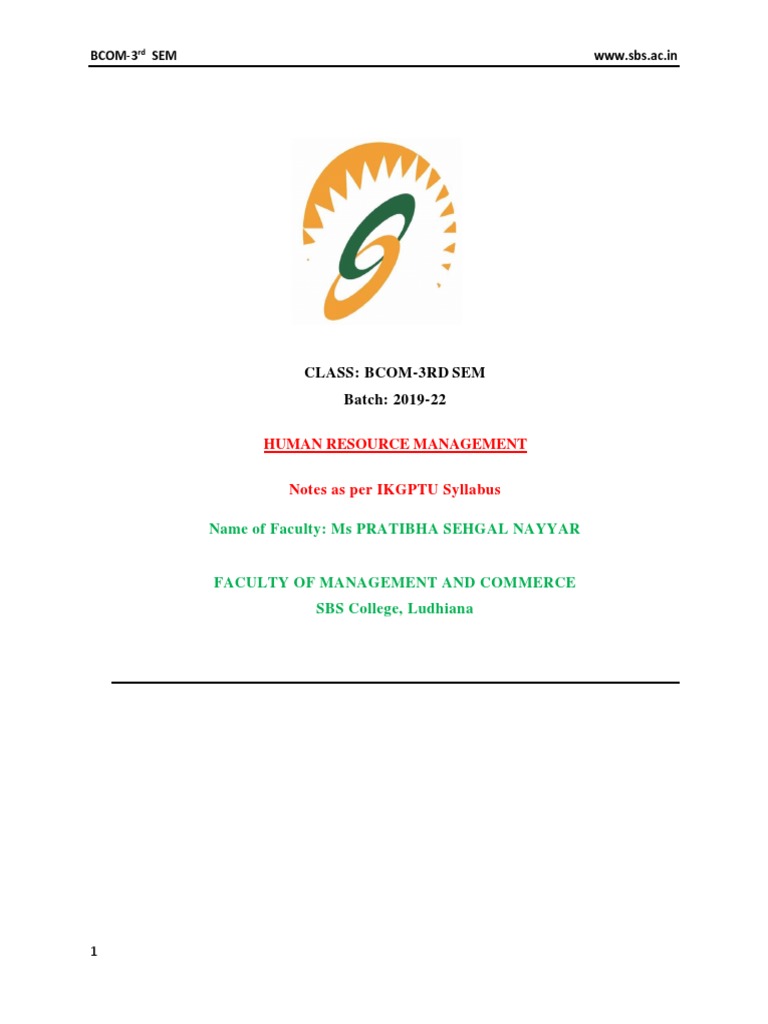 Complete Notes of Human Resource Management Bcom PDF | PDF | Human ...