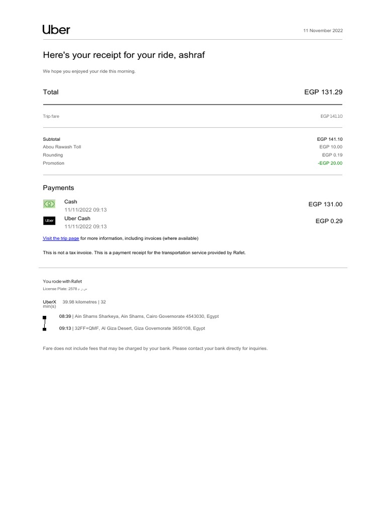 Receipt for an Uber ride from Ain Shams to Al Giza Desert in Cairo ...