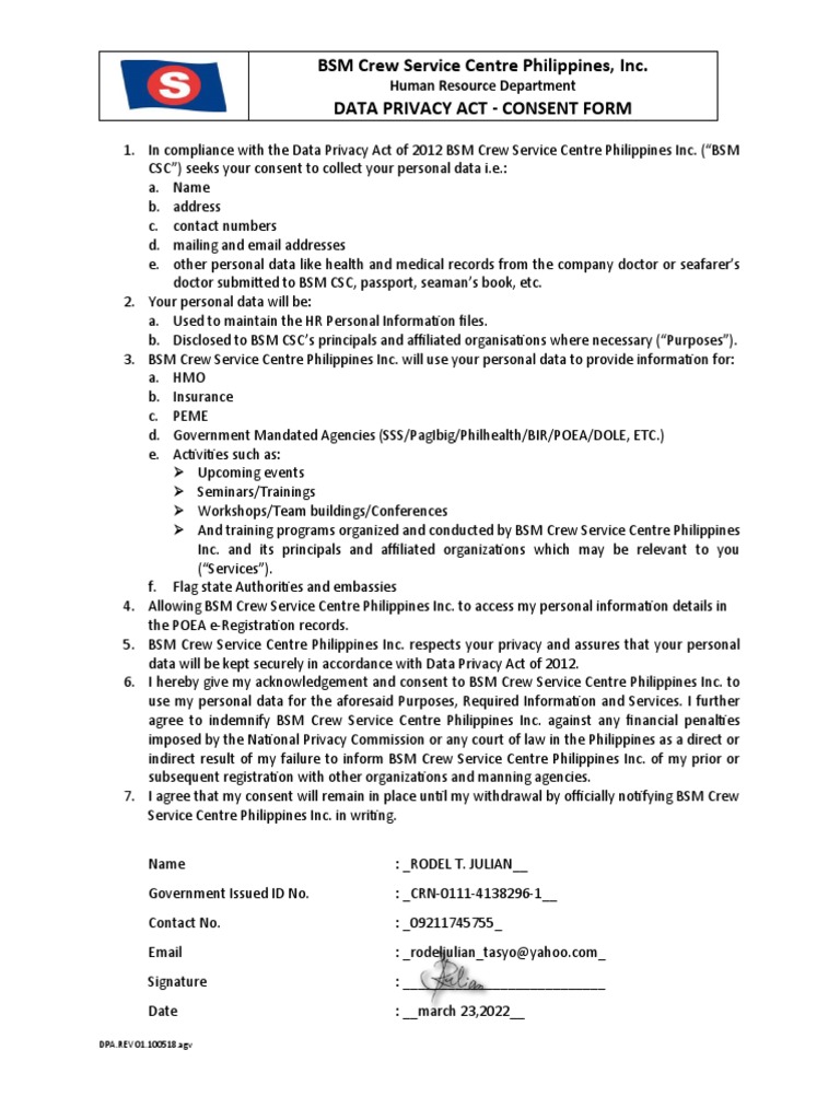 DATA PRIVACY ACT CONSENT FORM - Amended01 | PDF | Privacy | Information Privacy