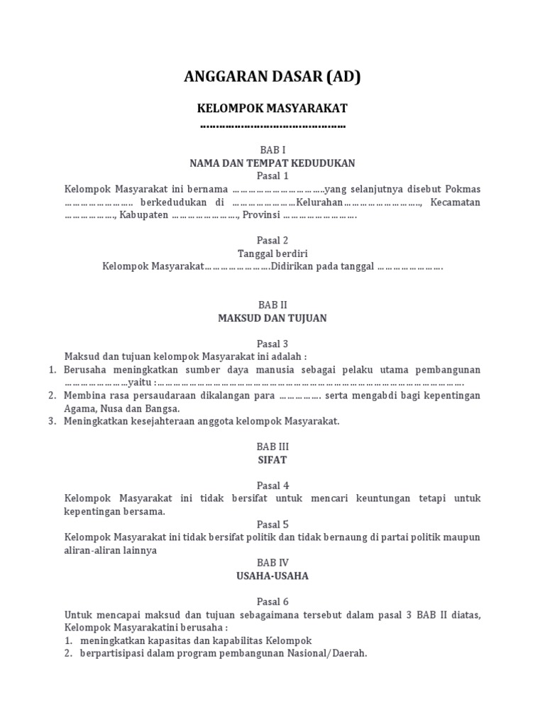Contoh Anggaran Dasar Art Pokmas | PDF