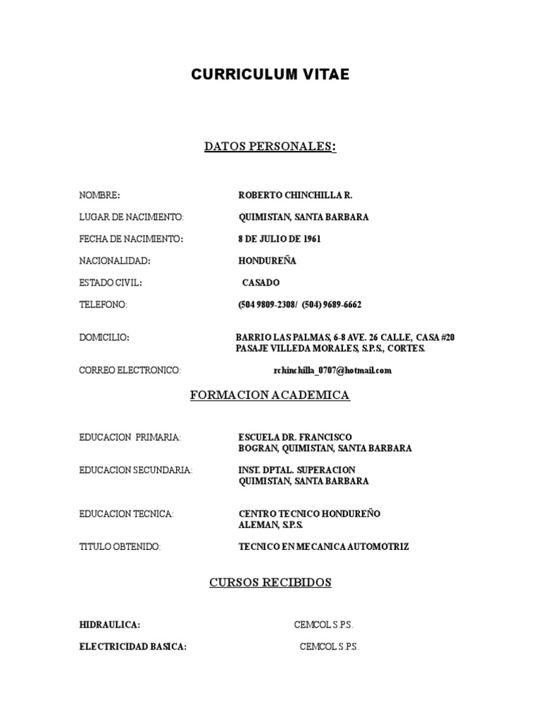 Curriculum Roberto Chinchilla R | PDF | Honduras
